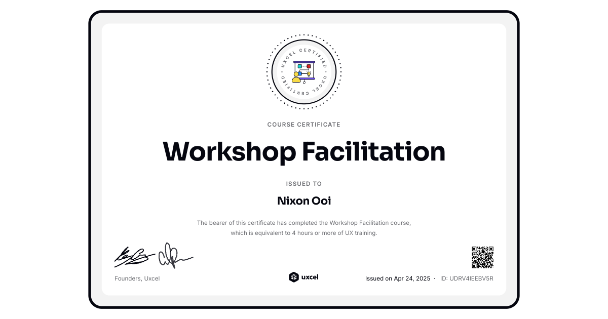 Certificate of completion for Workshop Facilitation | Uxcel